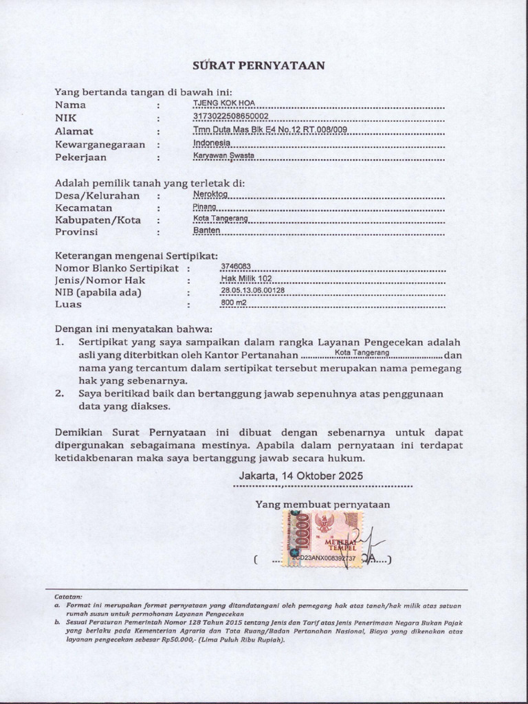 03 - Format Surat Pernyataan Layanan Pengecekan SHM 102 | PDF