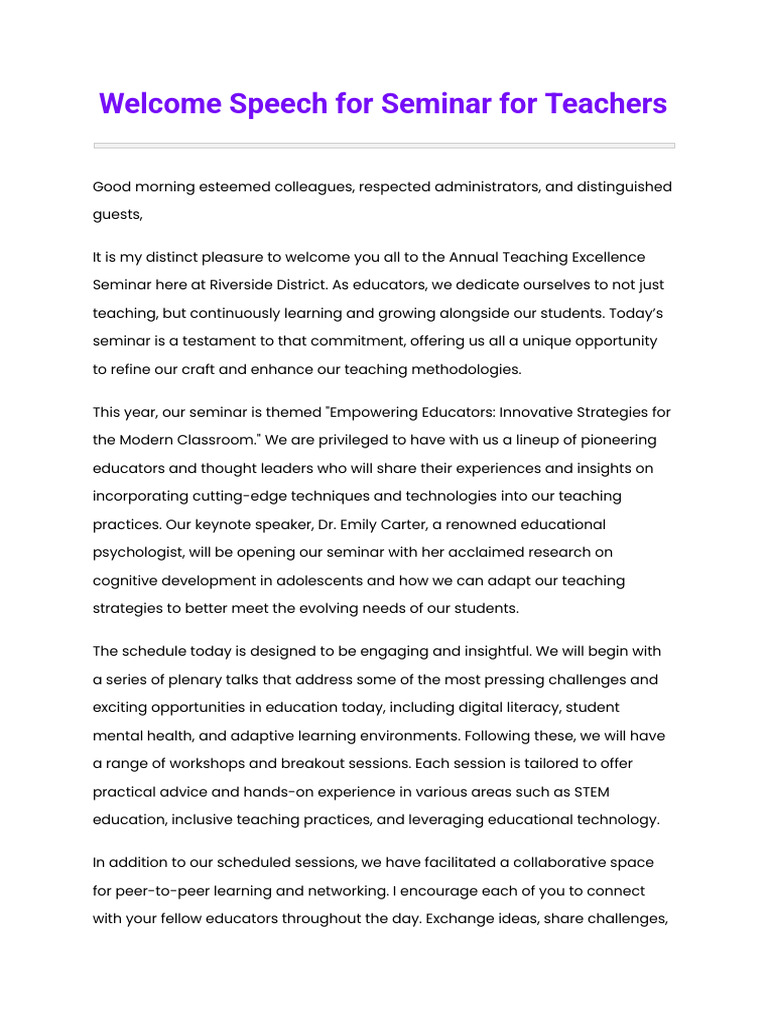 Welcome Speech for Teaching Seminar | PDF | Teachers | Learning