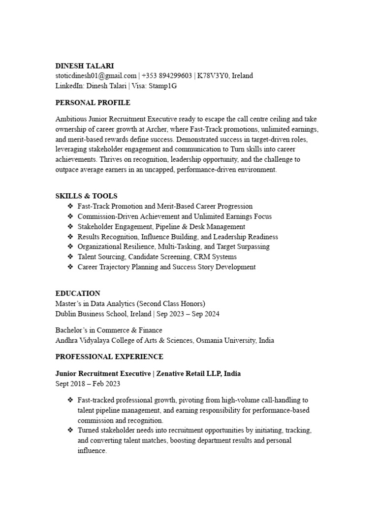 Junior Recruitment Executive Profile | PDF | Recruitment | Business