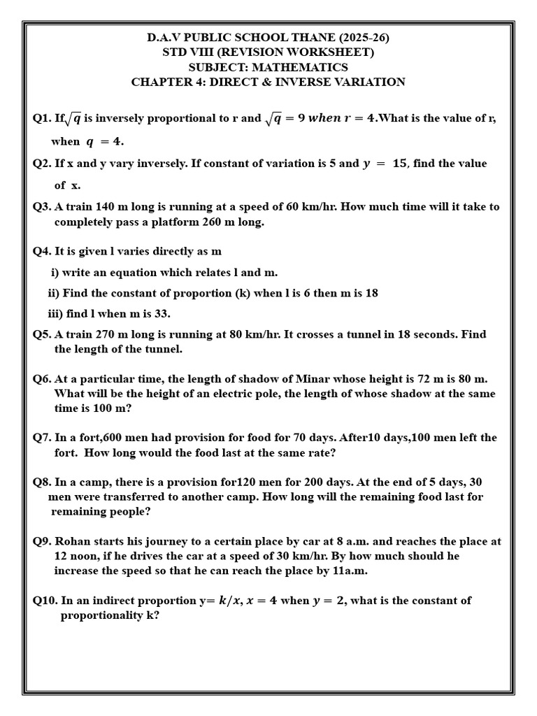 Revision Worksheet Direct & Inverse Varaition | PDF