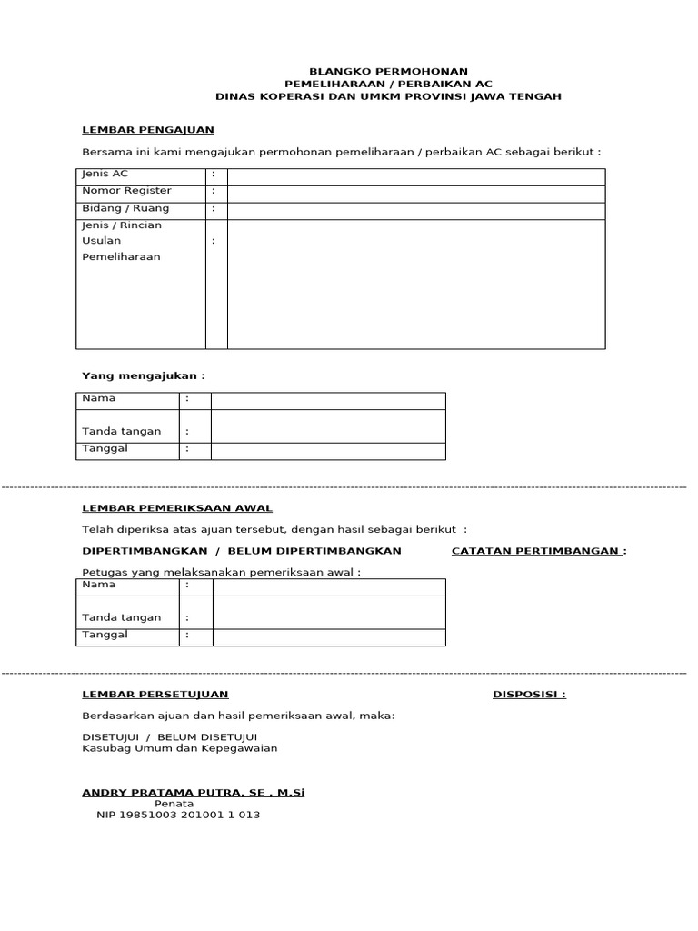 Permohonan Perbaikan AC Dinas UMKM Jateng | PDF