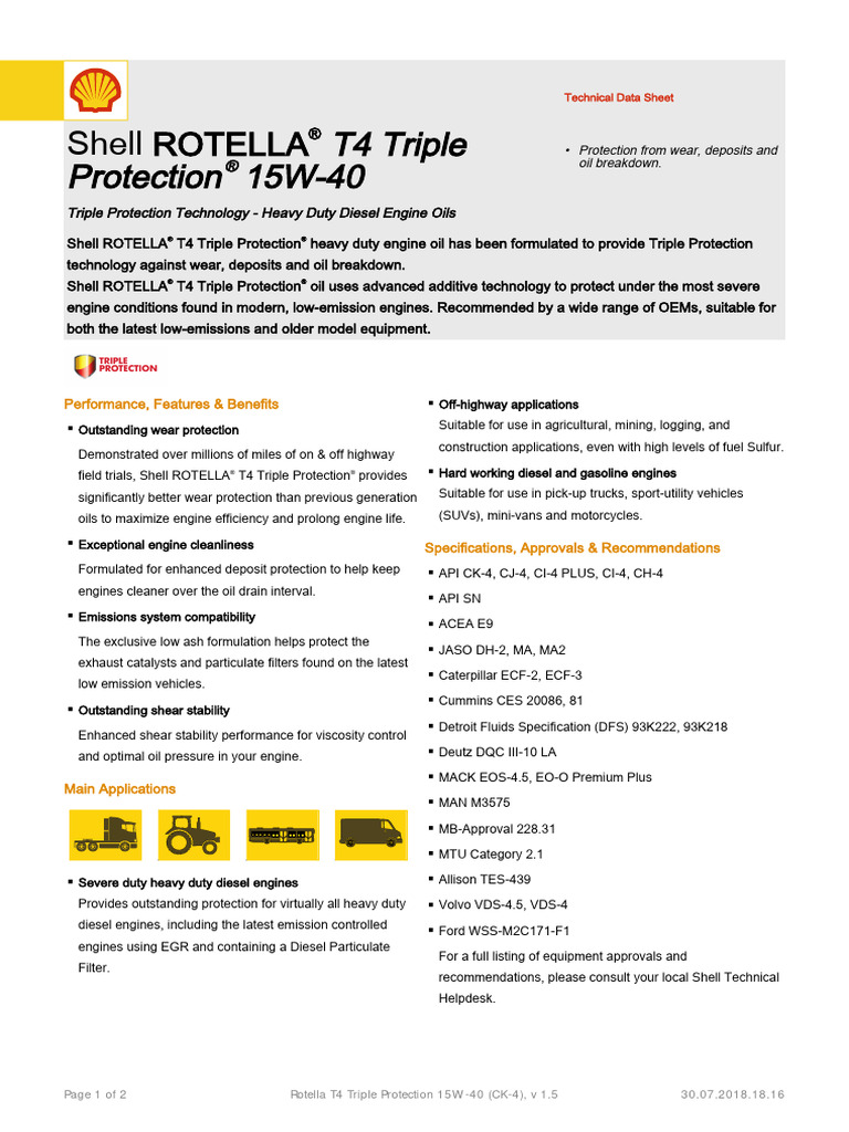 Shell ROTELLA T4 15W-40 Data Sheet | PDF | Motor Oil