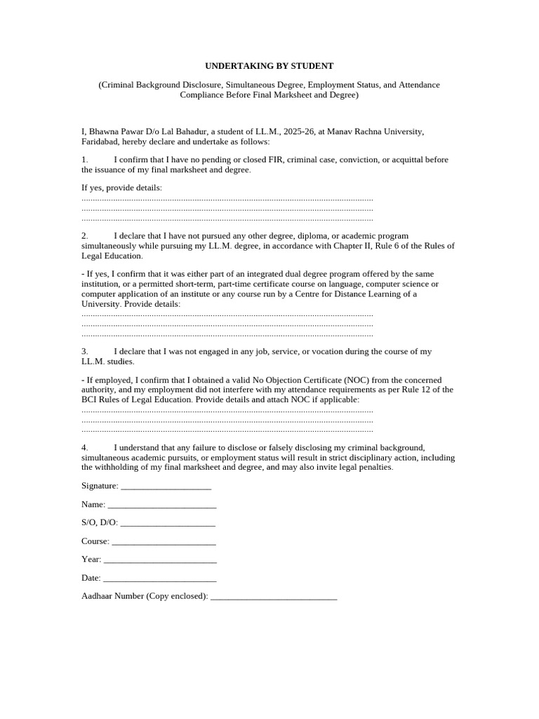 Undertaking by Student Formatted | PDF | Justice | Crime & Violence