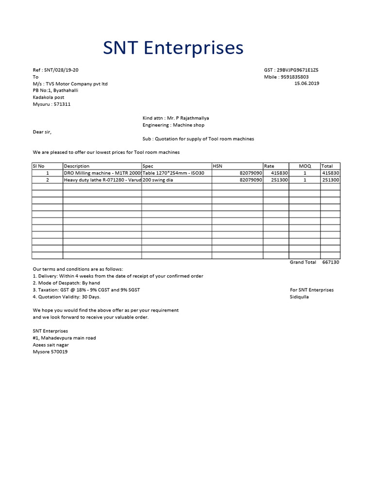 Quotation 028 TVS Motor Tool Room Machines | PDF