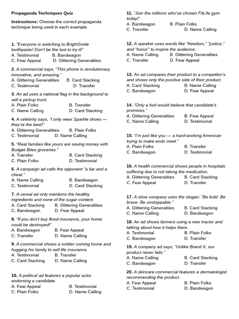 Propaganda Techniques Quiz | PDF | Chess | Chess Theory