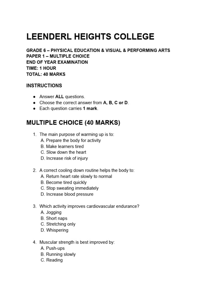 Grade 6 PE End of Year Exam | PDF