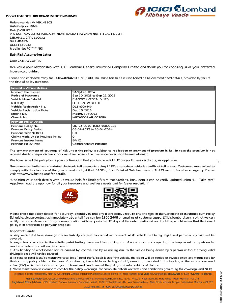 ICICI Lombard Risk Assumption Letter | PDF | Insurance | Pro Rata