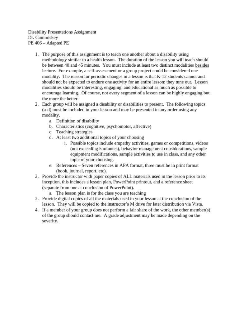 Disability Presentation Assignment | PDF | Lesson Plan | Differentiated ...