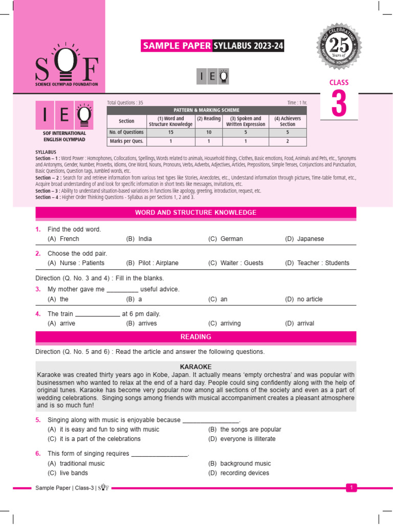 Ieo Sample Paper | PDF | Word | English Language