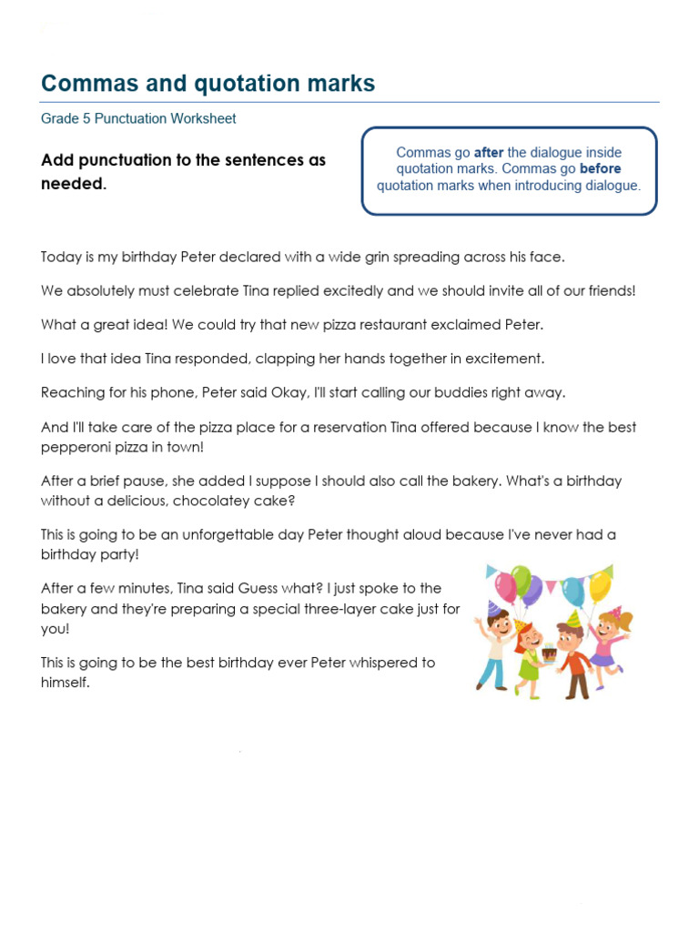 Grade 5 Punctuation Worksheet: Commas & Quotes | PDF