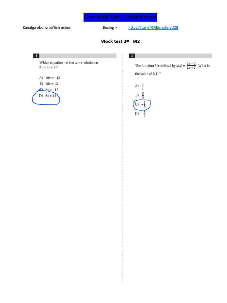 GRE and SAT Mock Test 3 Uzbekistan | PDF