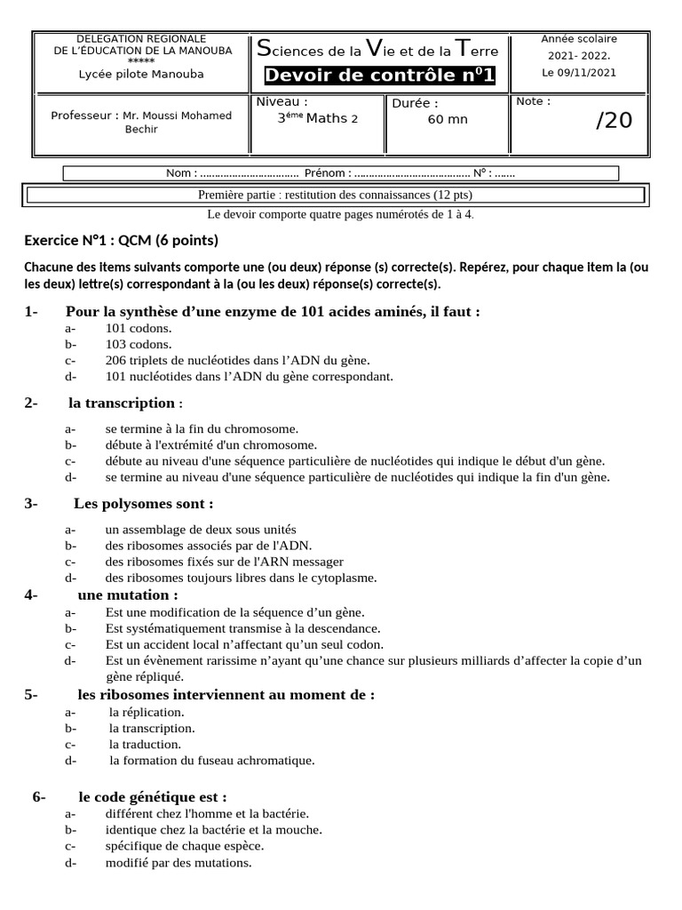 Devoir de SVT : Contrôle 3ème Maths 2 | PDF | Gène | Acide ...