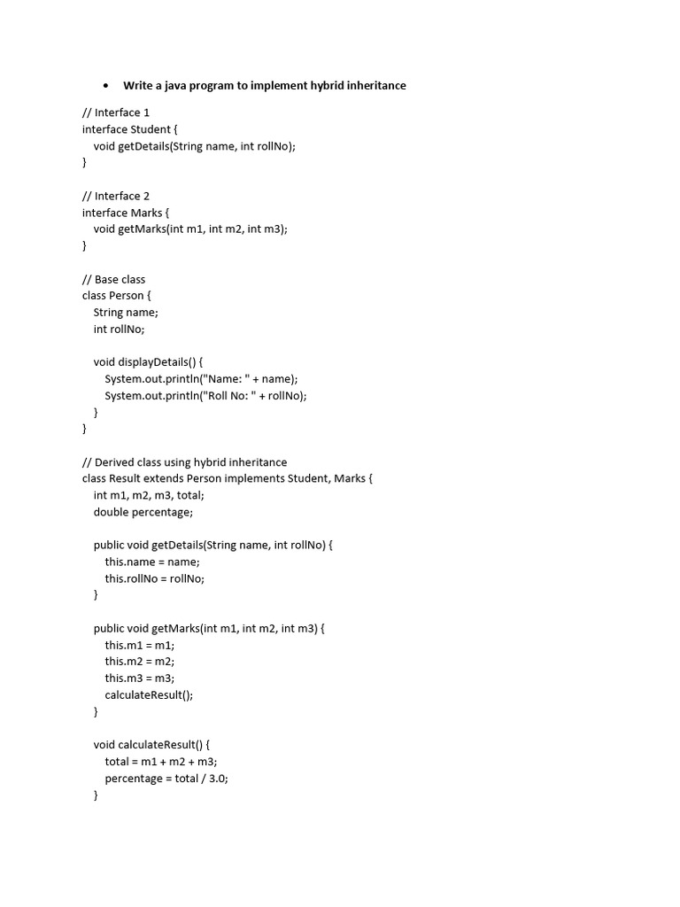 Write A Java Program To Implement Hybrid Inheritance | PDF | Computer ...