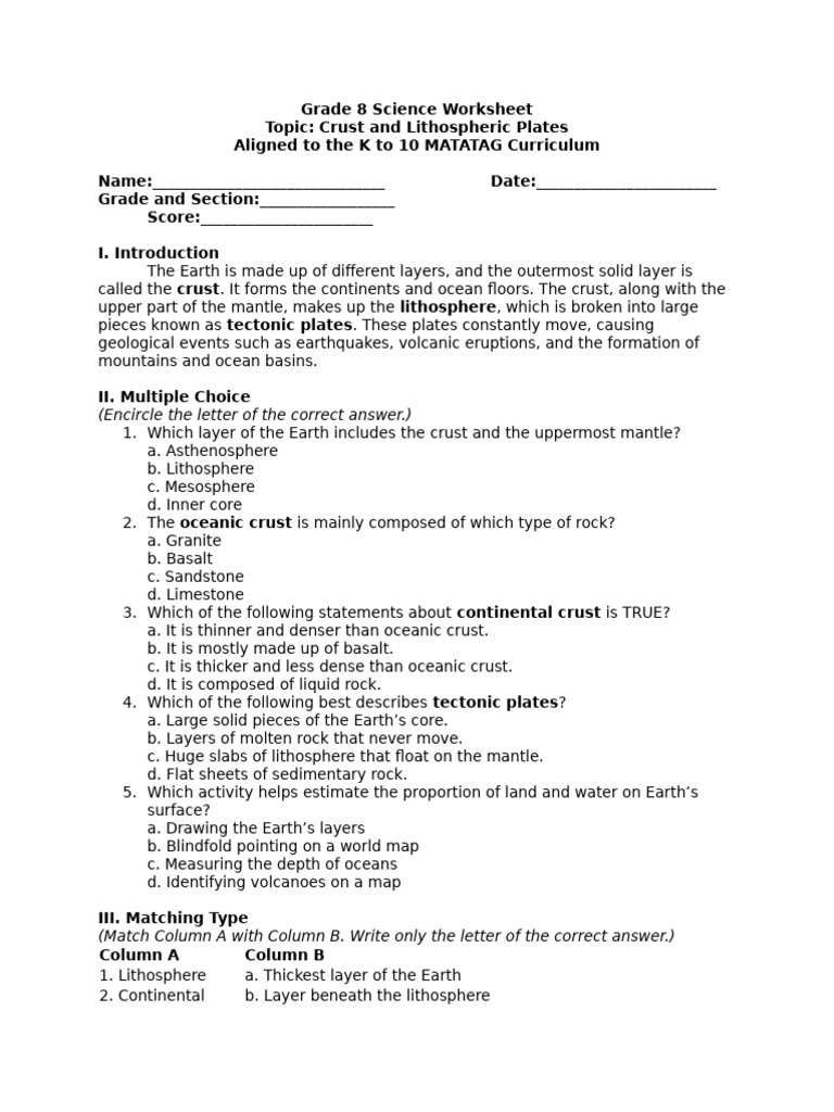 Grade 8 Crust and Lithospheric Plates Worksheet | PDF | Crust (Geology ...