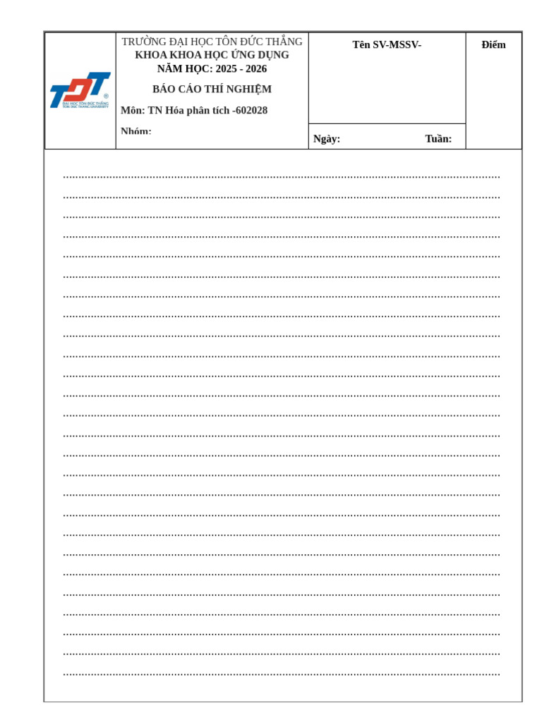 Biểu mẫu BÁO CÁO THÍ NGHIỆM HÓA PHÂN TÍCH -602028 | PDF