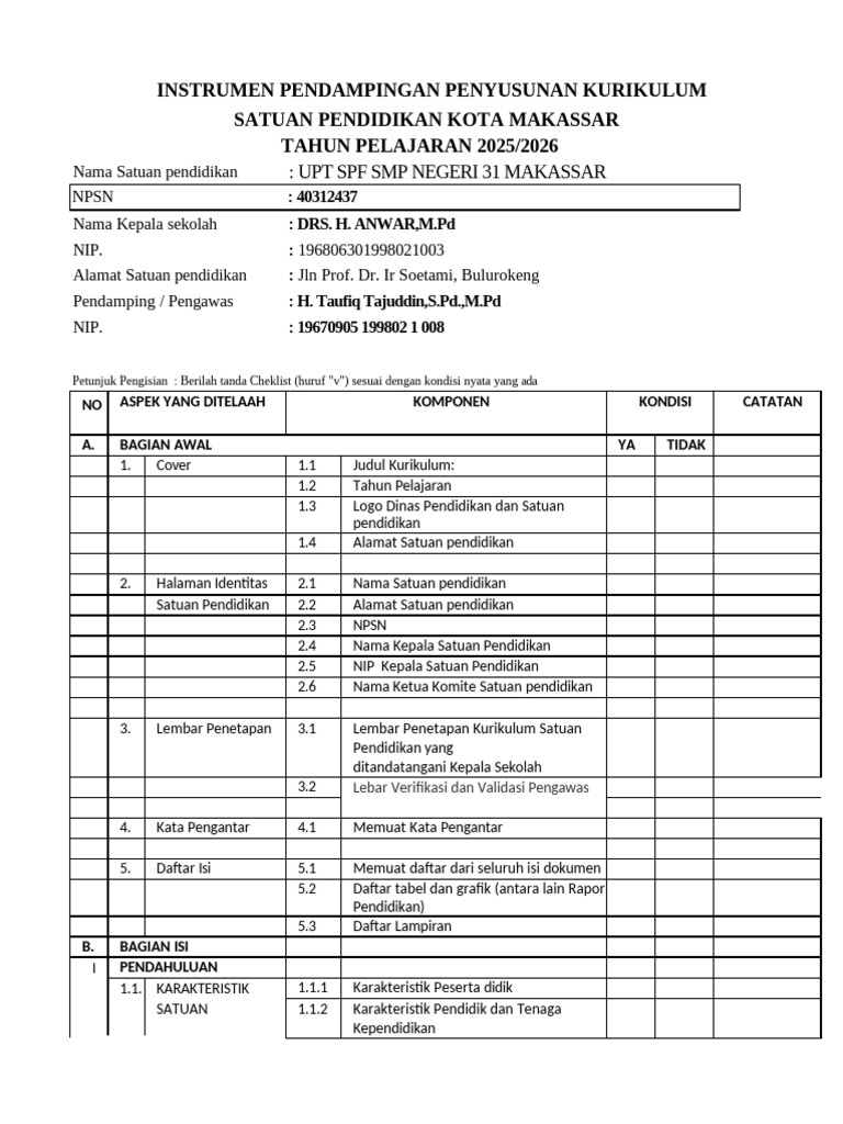 Instrumen Ksp Smpn 31 Mks | PDF