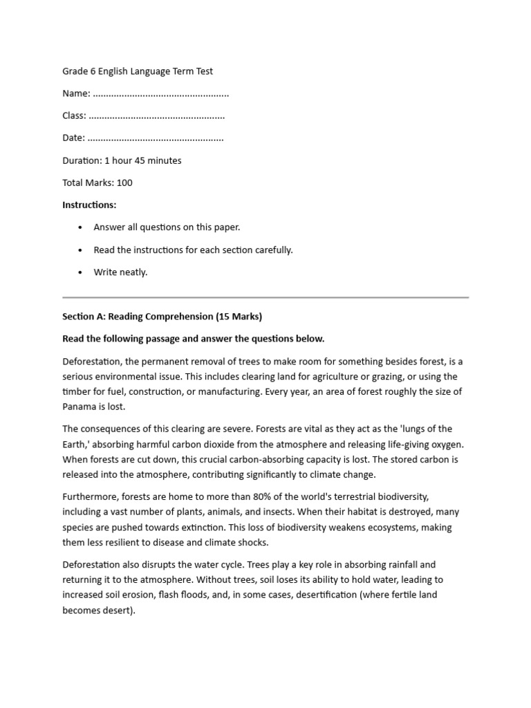 Grade 6 English Language Test Guide | PDF | Deforestation | Forests
