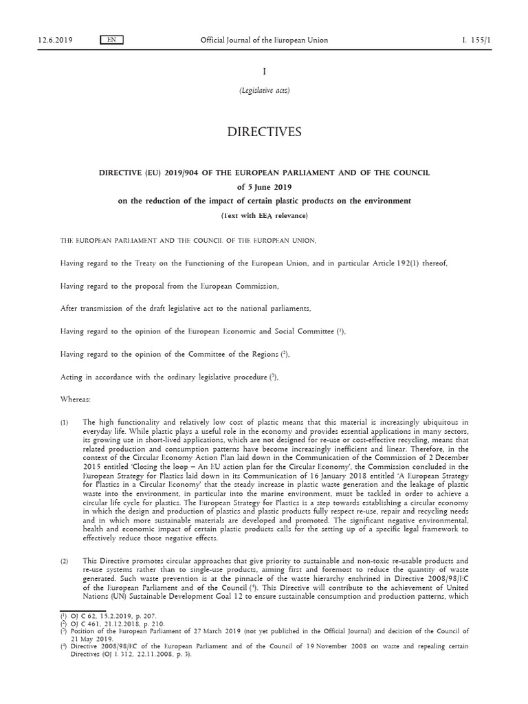 Directive On The Reduction of The Impact of Certain Plastic Products On ...
