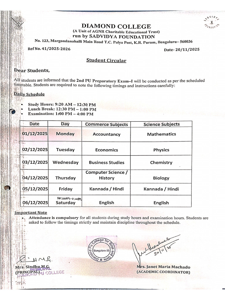 2nd PU Preparatory Exam 2025 - I TIme Table | PDF