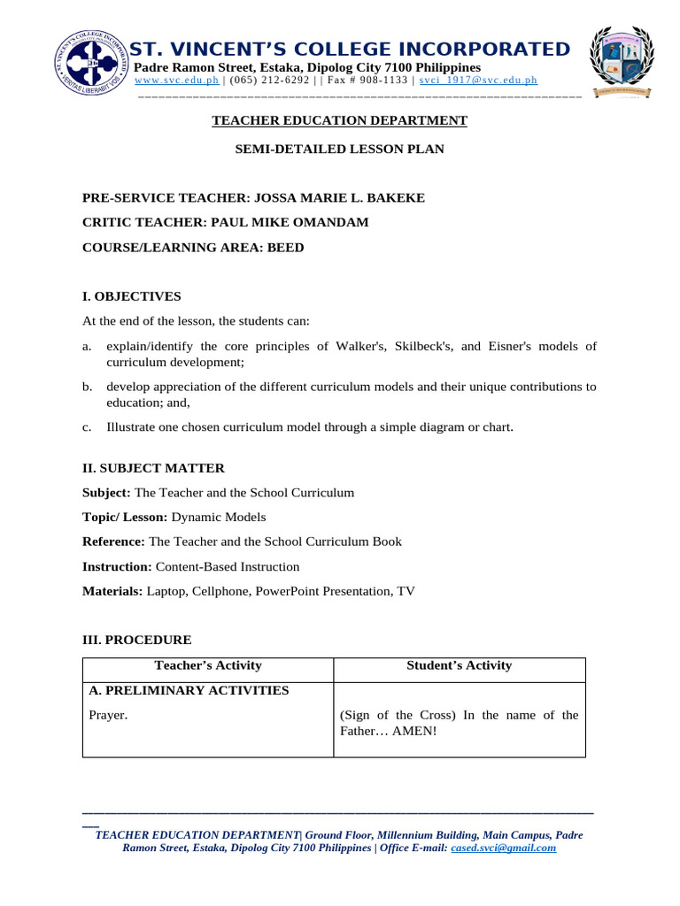 Dynamic Curriculum Models Lesson Plan | PDF | Curriculum | Teachers