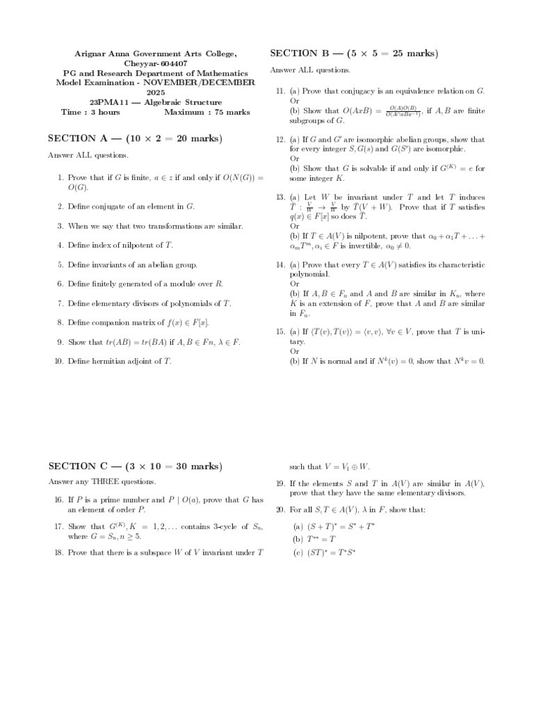 Algebraic Structure Model Exam 2025 | PDF | Representation Theory ...