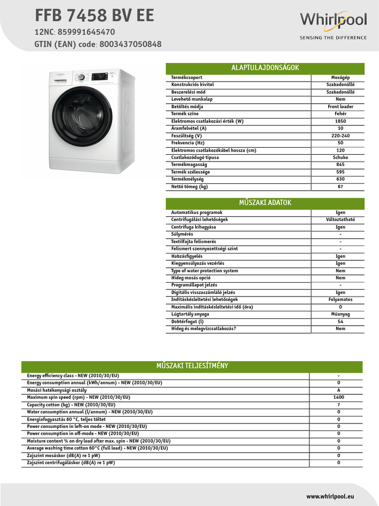 Whirlpool Mosógép FFB 7458 BV EE | PDF