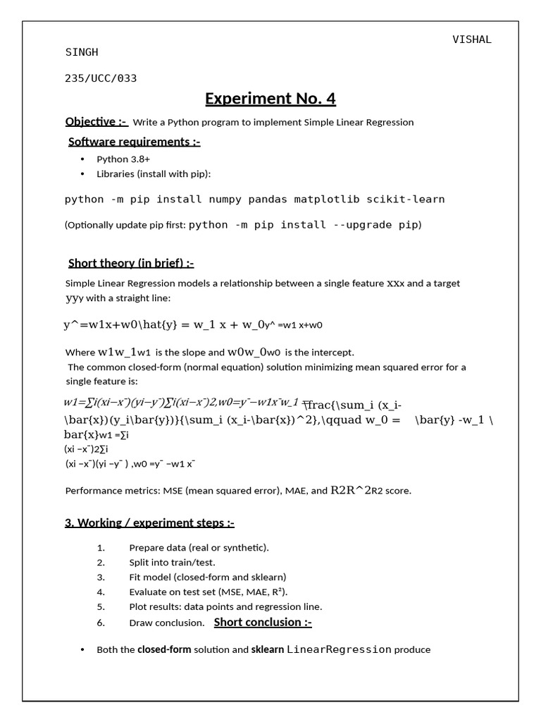 Vishal ML File | PDF | Mean Squared Error | Linear Regression