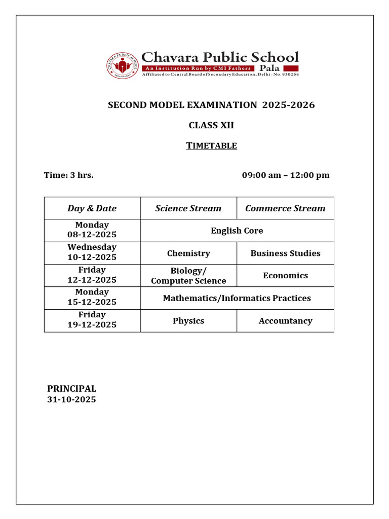 Class XII Second Model Exam Timetable | PDF