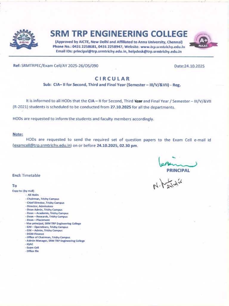 Circular - Timetable For CIA-II (Second, Third, and Final Year) | PDF