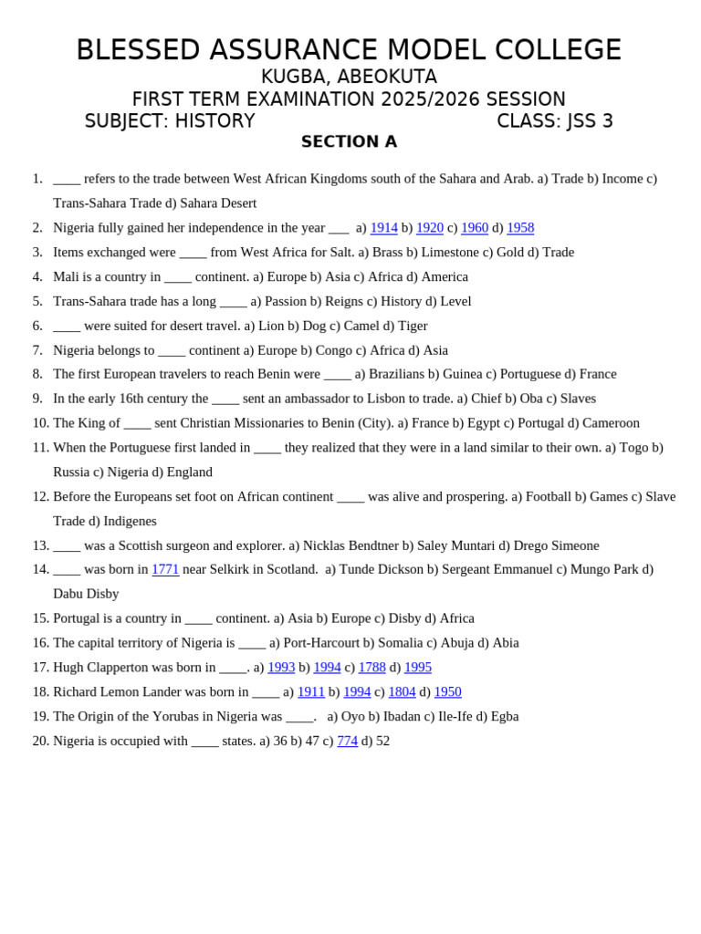 JSS History Exam Questions 2025/2026 | PDF | Africa | West Africa
