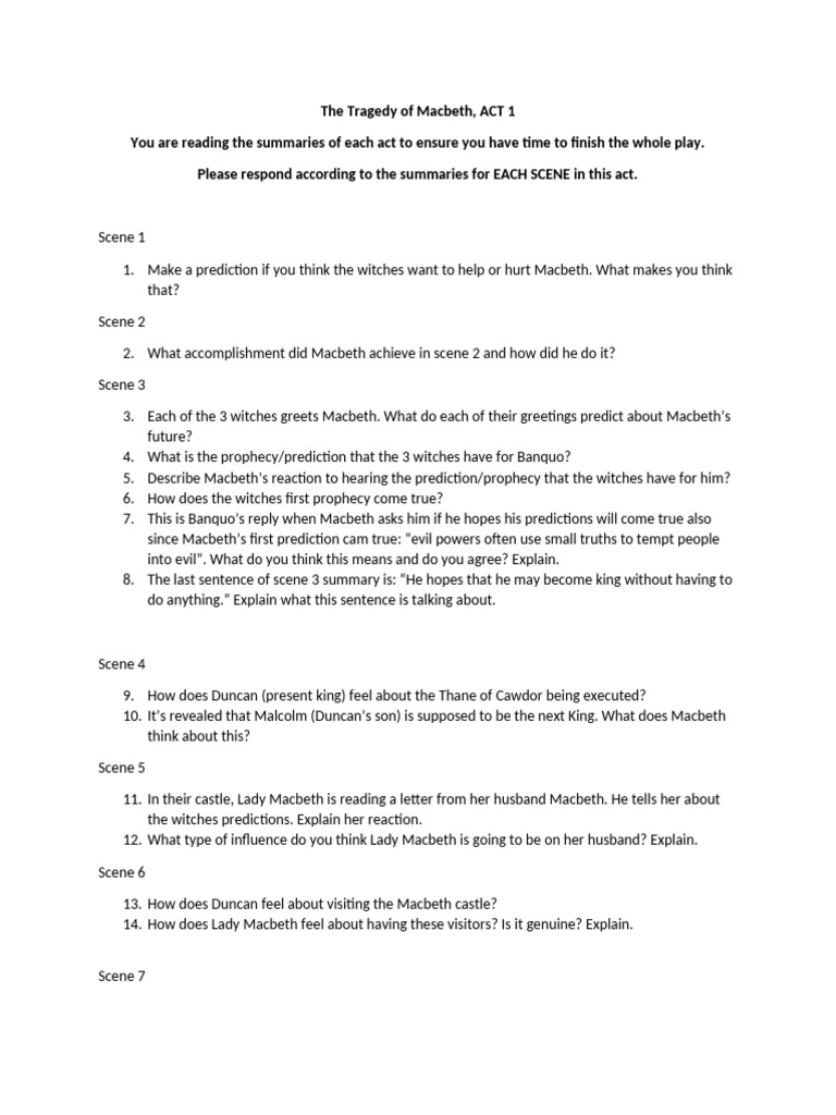 The Tragedy of Macbeth Act 1 Assignment | PDF