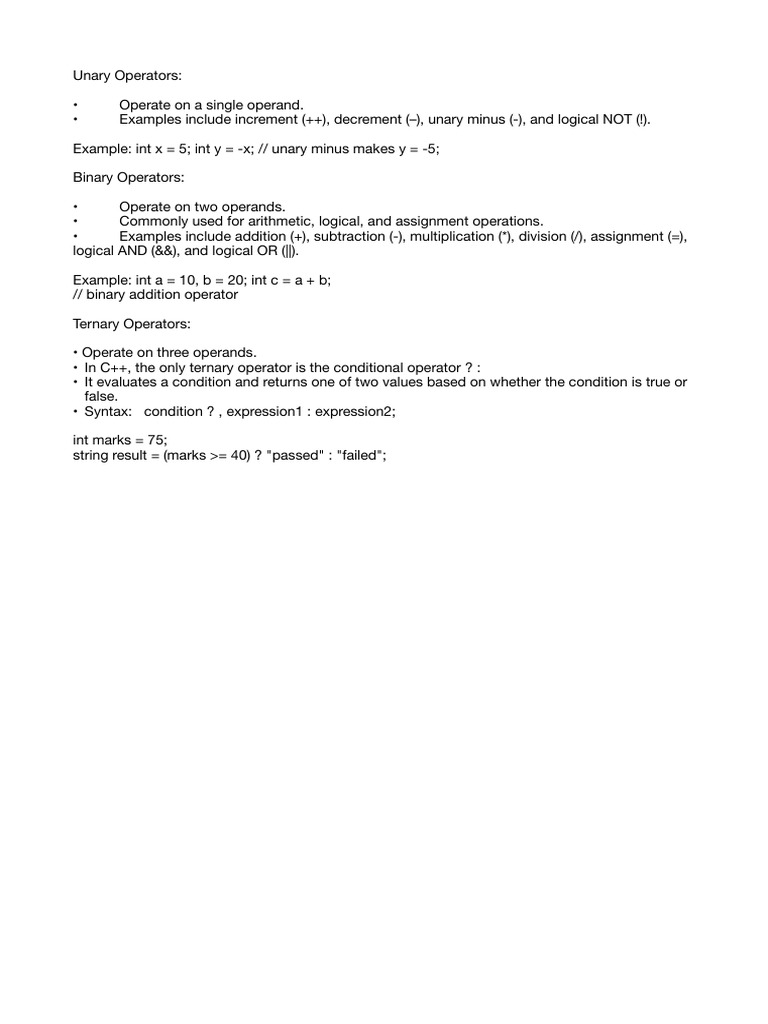 Binary,Unary and Ternary Operators in c++ | PDF
