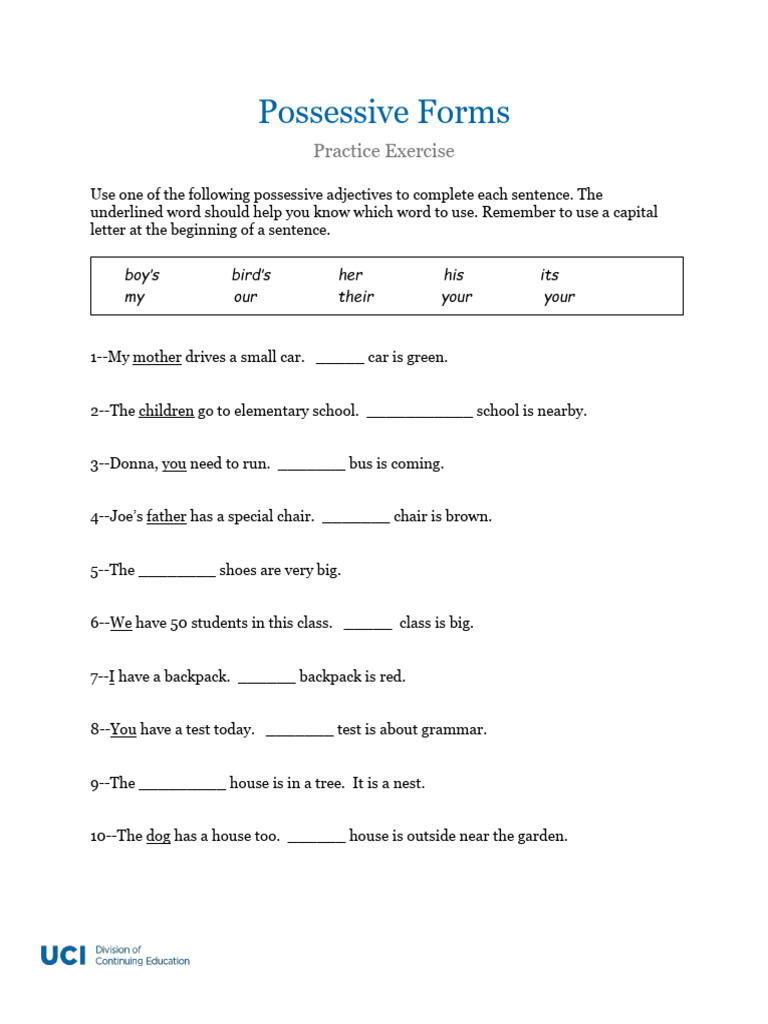 C1M2L3 - Possessive Forms Practice Exercise | PDF