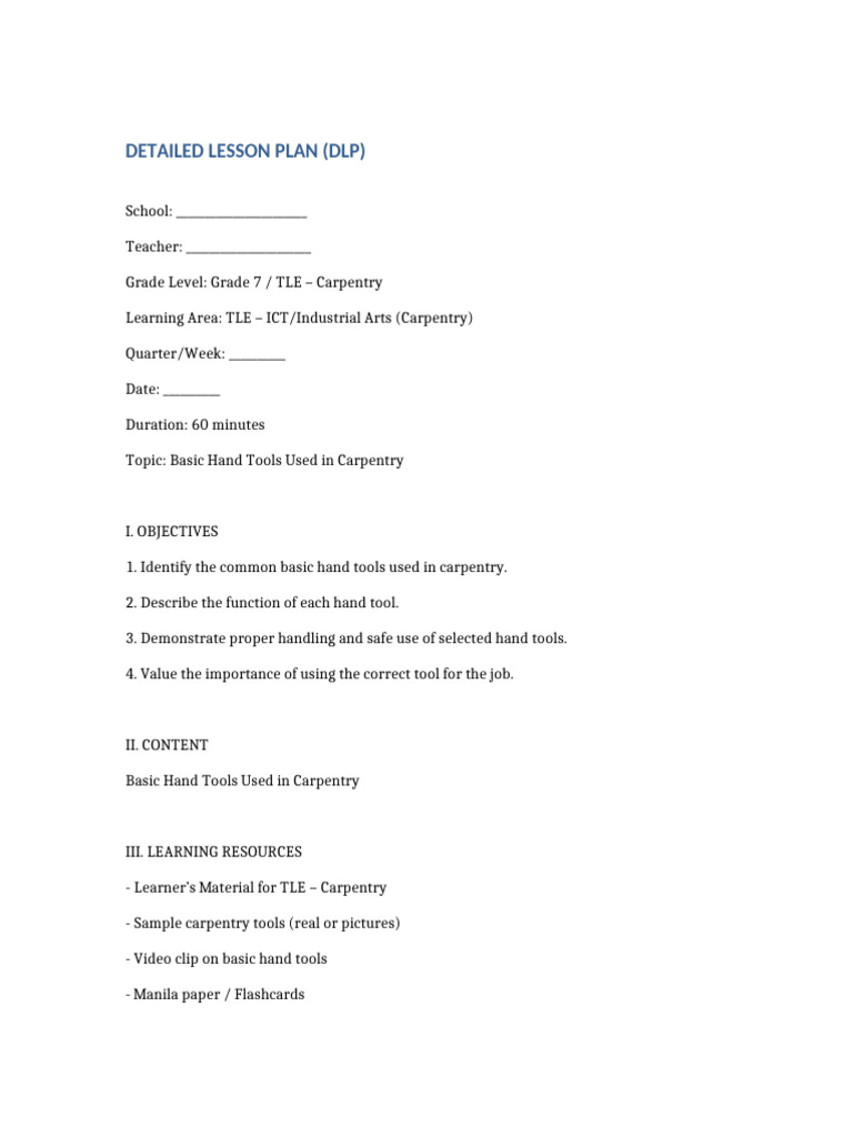 Detailed Lesson Plan Carpentry | PDF