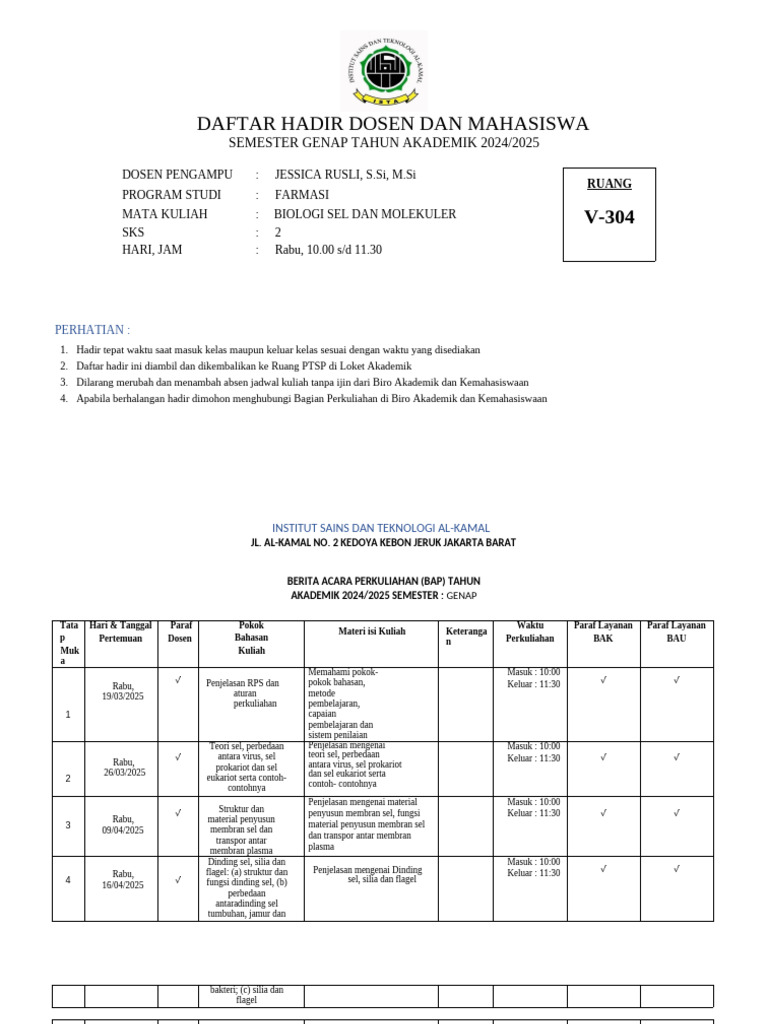 Bap Jessica Rusli Biologi Sel Dan Molekuler 2024-2025 Genap | PDF