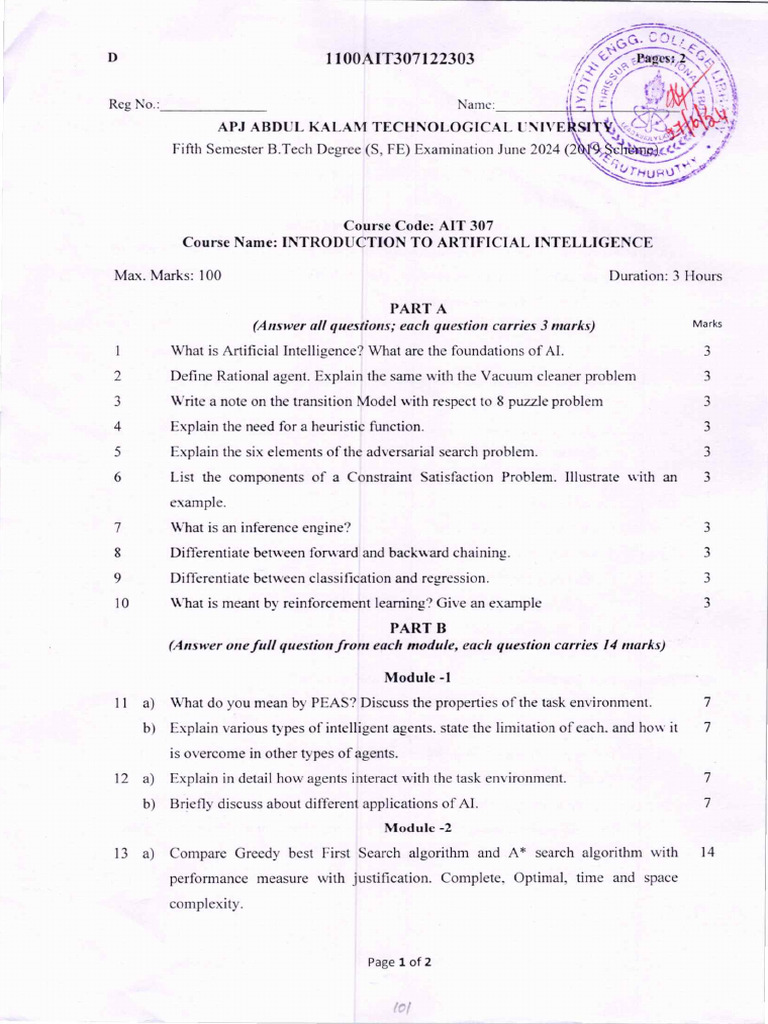 Ait307 Introduction To Artificial Intelligence, June 2024 | PDF
