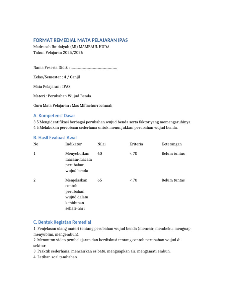 Format Remedial Dan Pengayaan IPAS Kelas4 | PDF