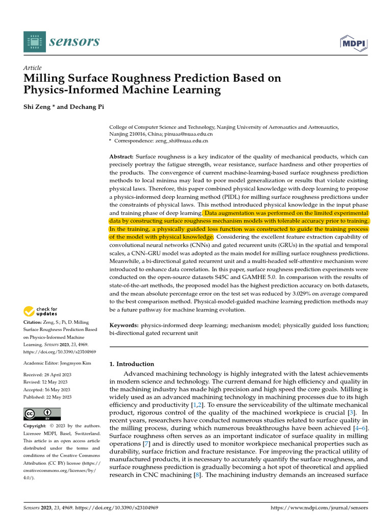 Milling Surface Roughness Prediction Based On Physics-Informed Machine ...
