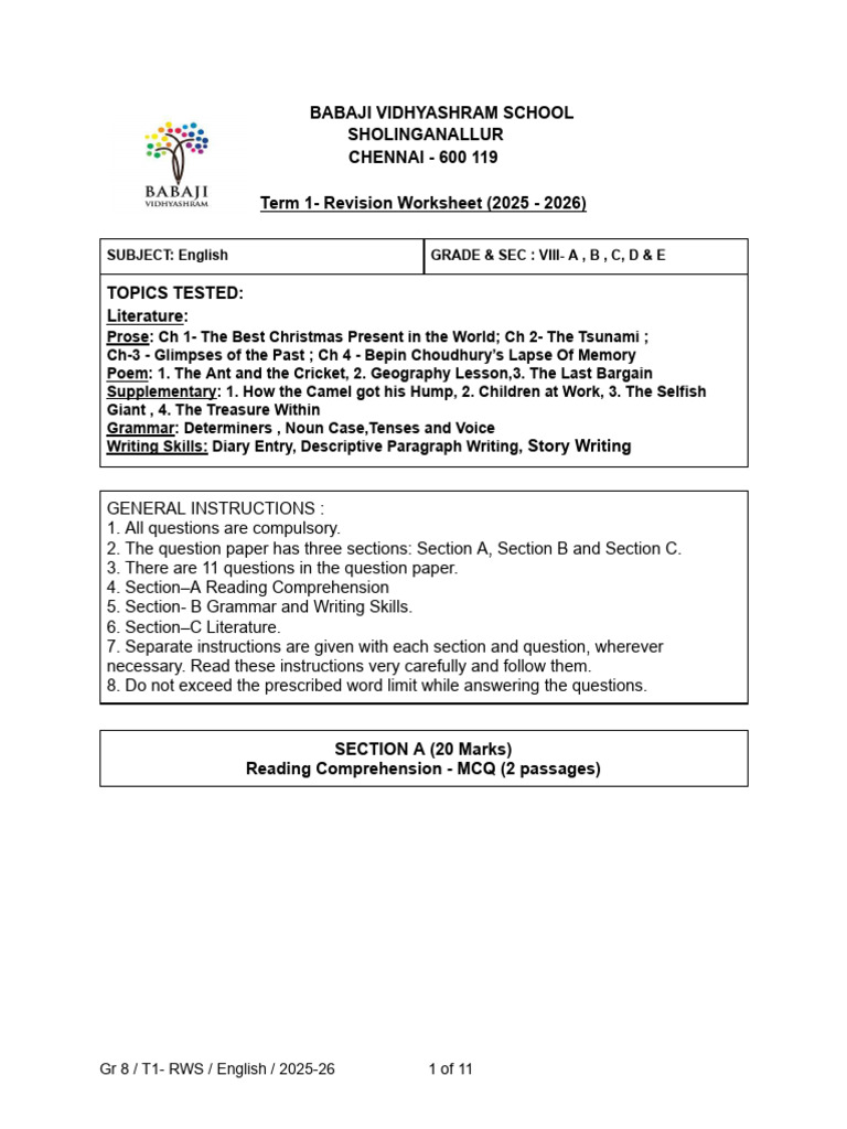 Answer Key Grade 8 Revision Worksheet - HALF YEARLY Eng | PDF ...