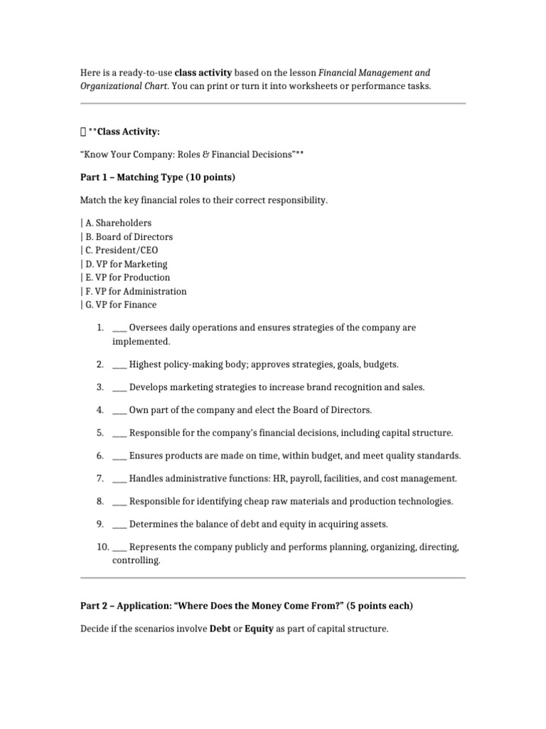 financial_management_activity | PDF | Capital Structure | Equity (Finance)