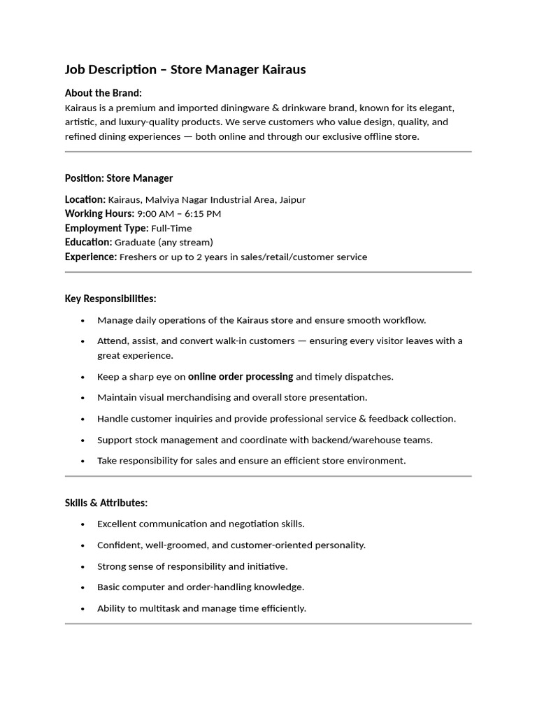 Job Description - Store Manager | PDF