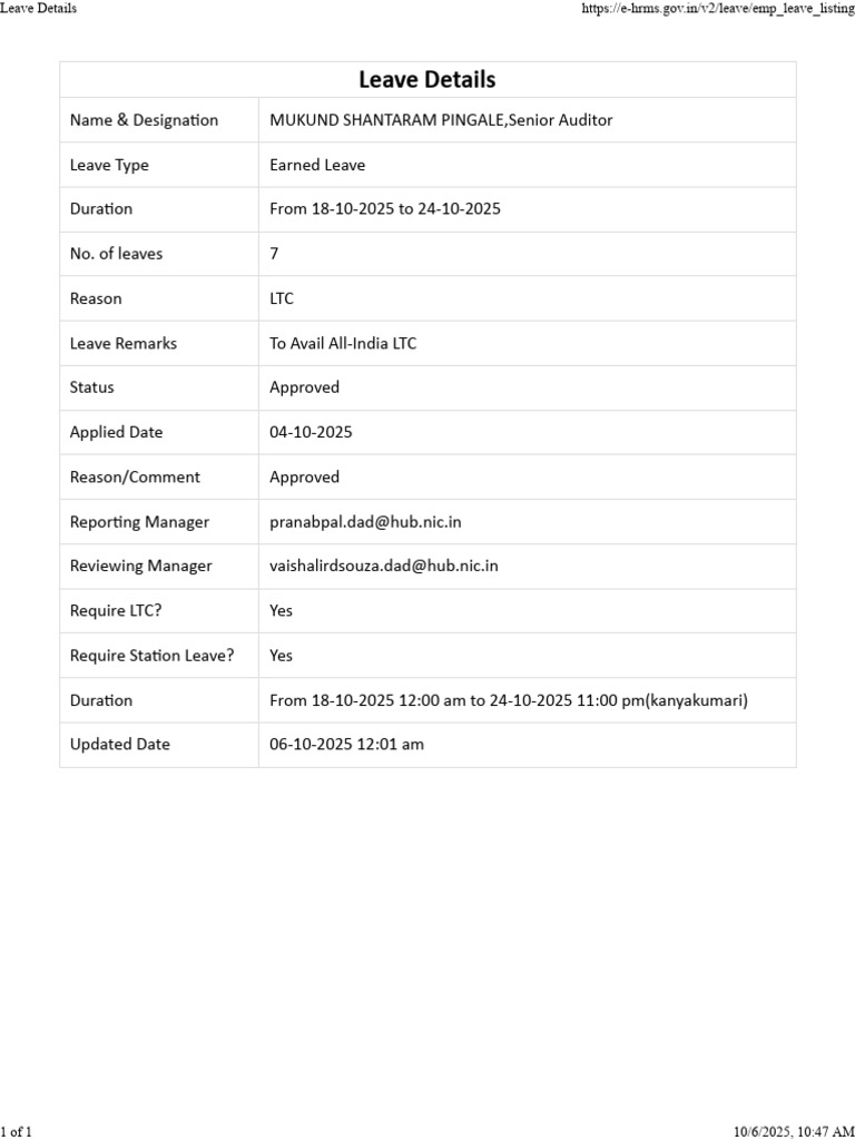 Approved Earned Leave for Mukund Pingale | PDF