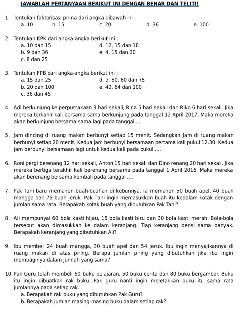 Faktorisasi, KPK, dan FPB Angka Matematika | PDF