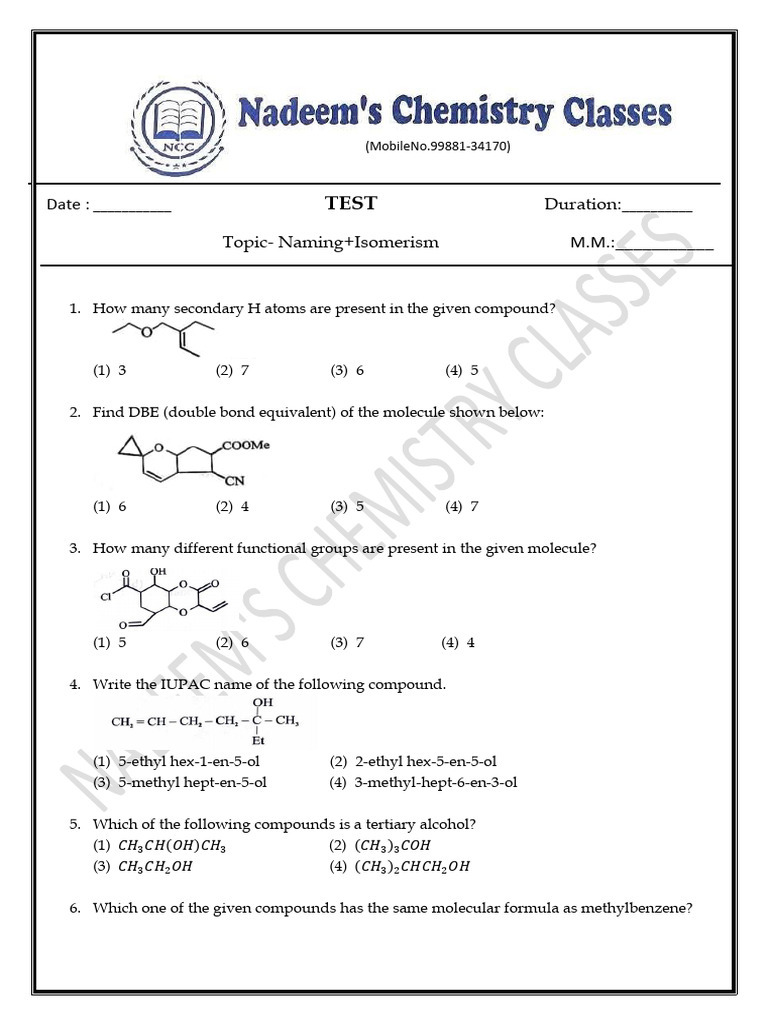 Naming and Isomerism Test Questions | PDF | Isomer | Organic Chemistry