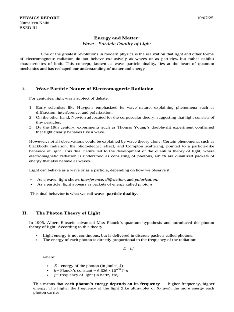Physics Notes in Wave-Particle Duality | PDF | Light | Photoelectric Effect
