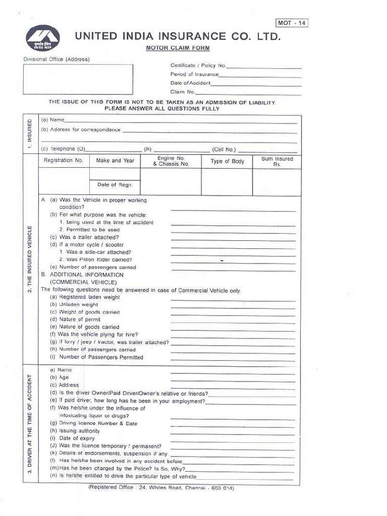 United India Motor Claim Form OD&TP | PDF