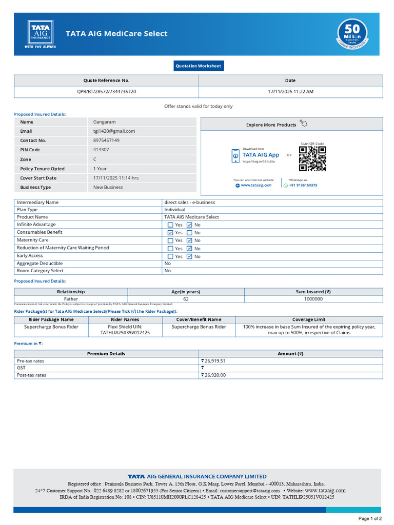 TATA AIG Medicare Select Quote Details | PDF | Insurance | Medicare ...