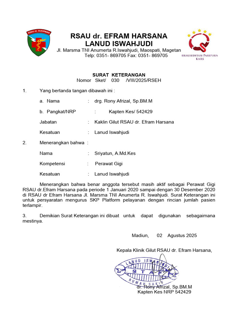 Surat Keterangan Perawat Gigi RSAU Efram | PDF
