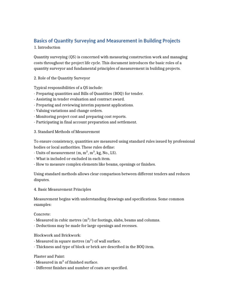 Basics of Quantity Surveying and Measurement | PDF | Measurement ...