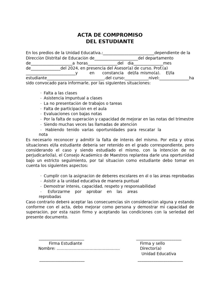 Acta de Compromiso Para El Estudiante 2024 | PDF